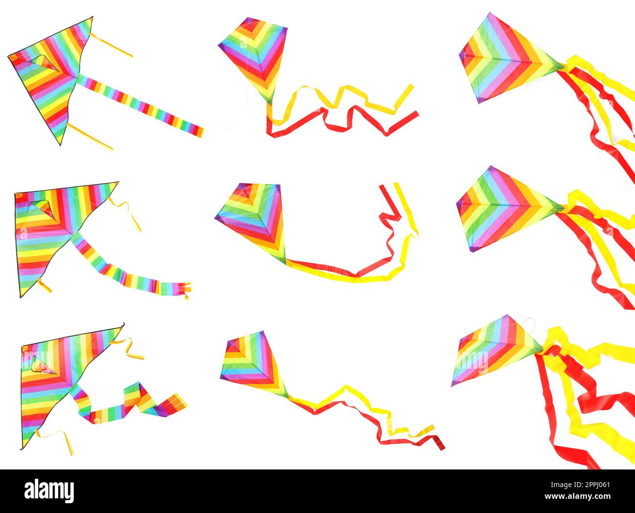 Set with beautiful bright kites on white background Stock Photo - Alamy