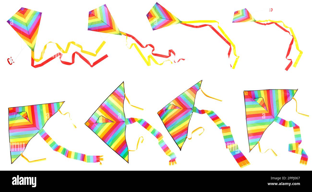 Set with beautiful bright kites on white background Stock Photo - Alamy