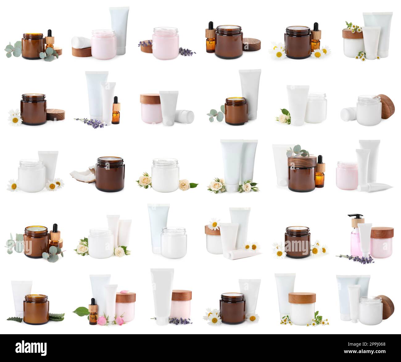 Set of different containers with hand creams on white background Stock ...