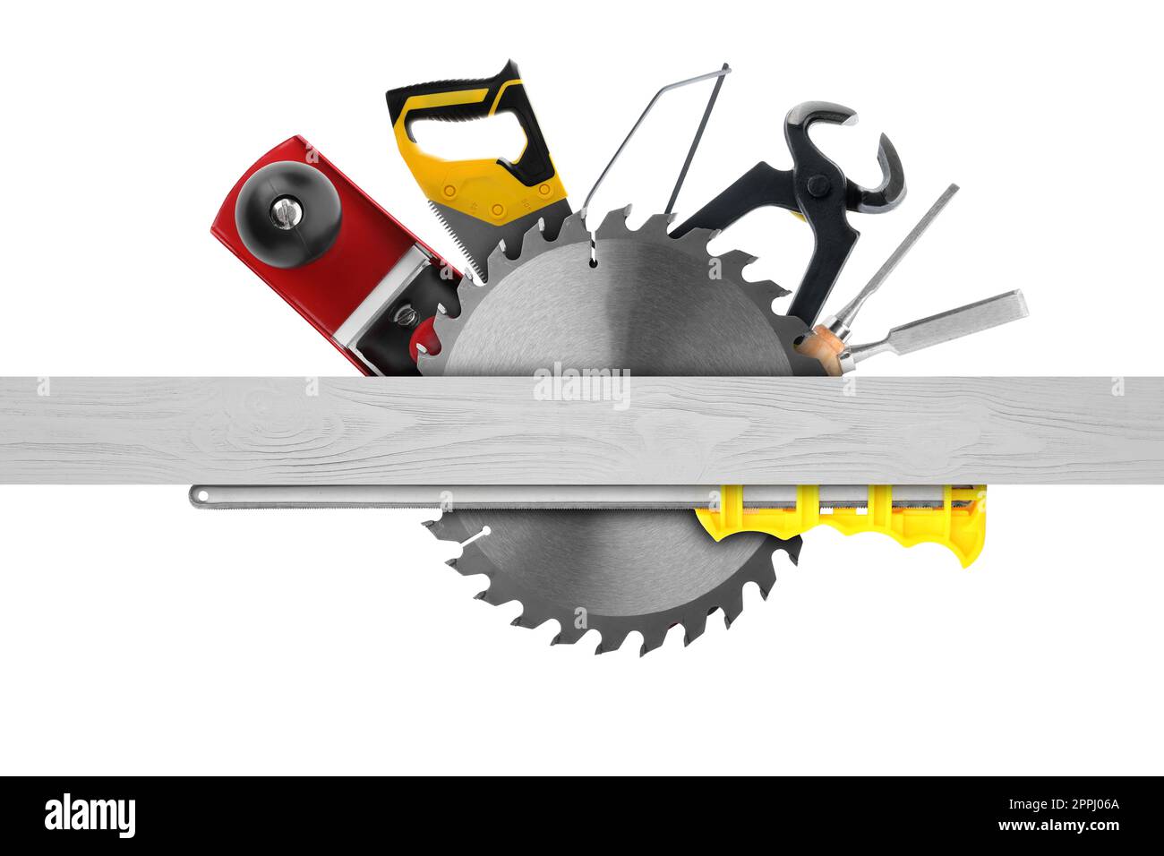 Carpentry tools and wooden surface on white background, collage Stock ...