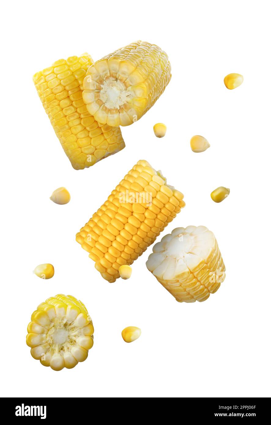 Tasty ripe corn cobs falling on white background Stock Photo - Alamy