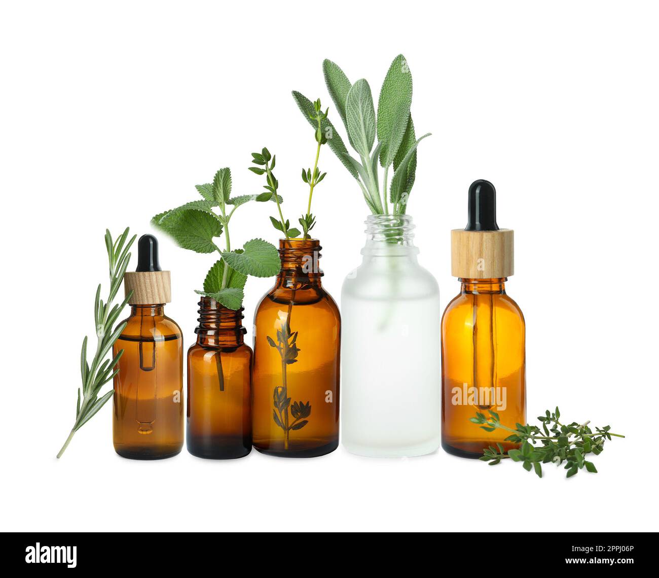 Set with bottles of different essential oils and leaves on white ...