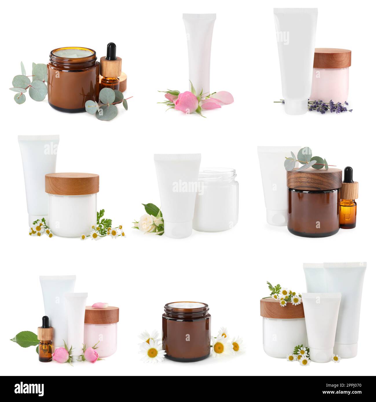 Set of different containers with hand creams on white background Stock ...