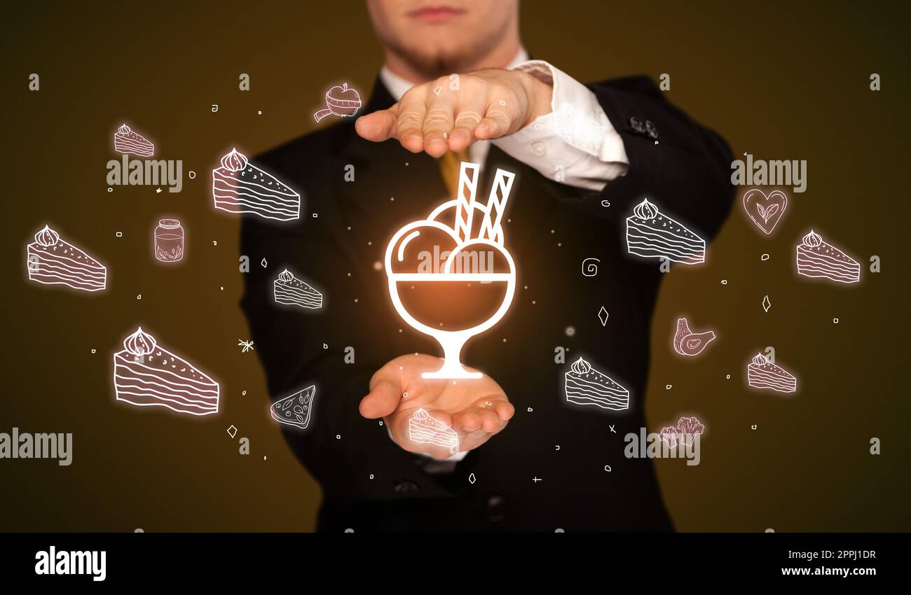 Hand holding food related icons Stock Photo - Alamy