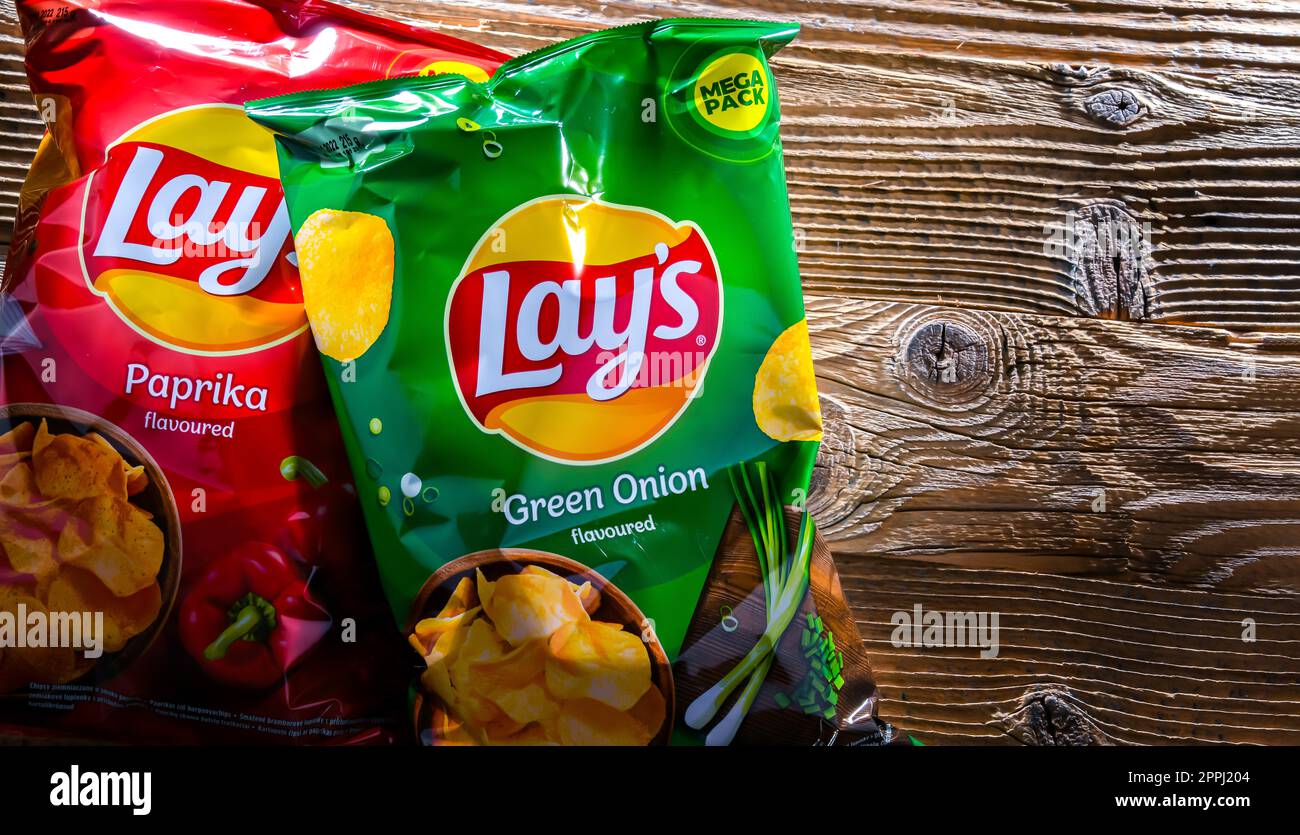 Composition with packets of Lays potato chips Stock Photo - Alamy