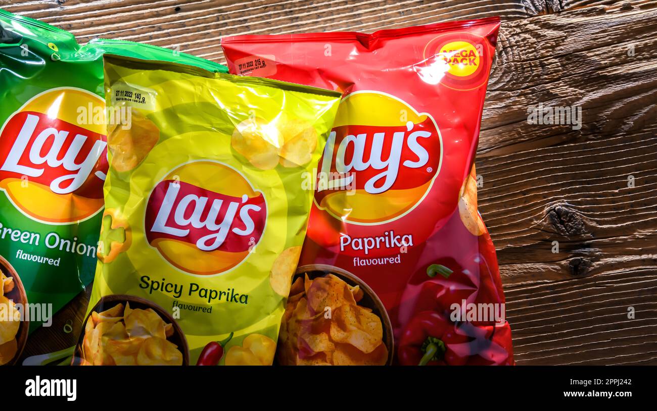 Composition with packets of Lays potato chips Stock Photo - Alamy