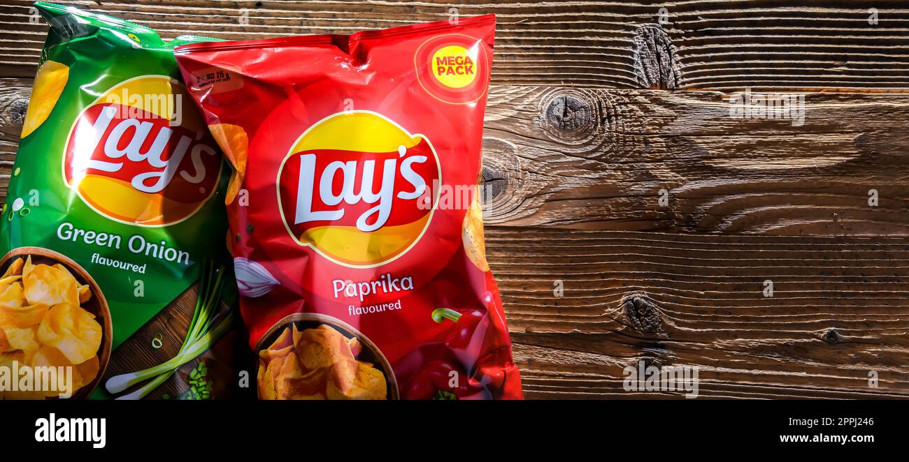 Composition with packets of Lays potato chips Stock Photo - Alamy