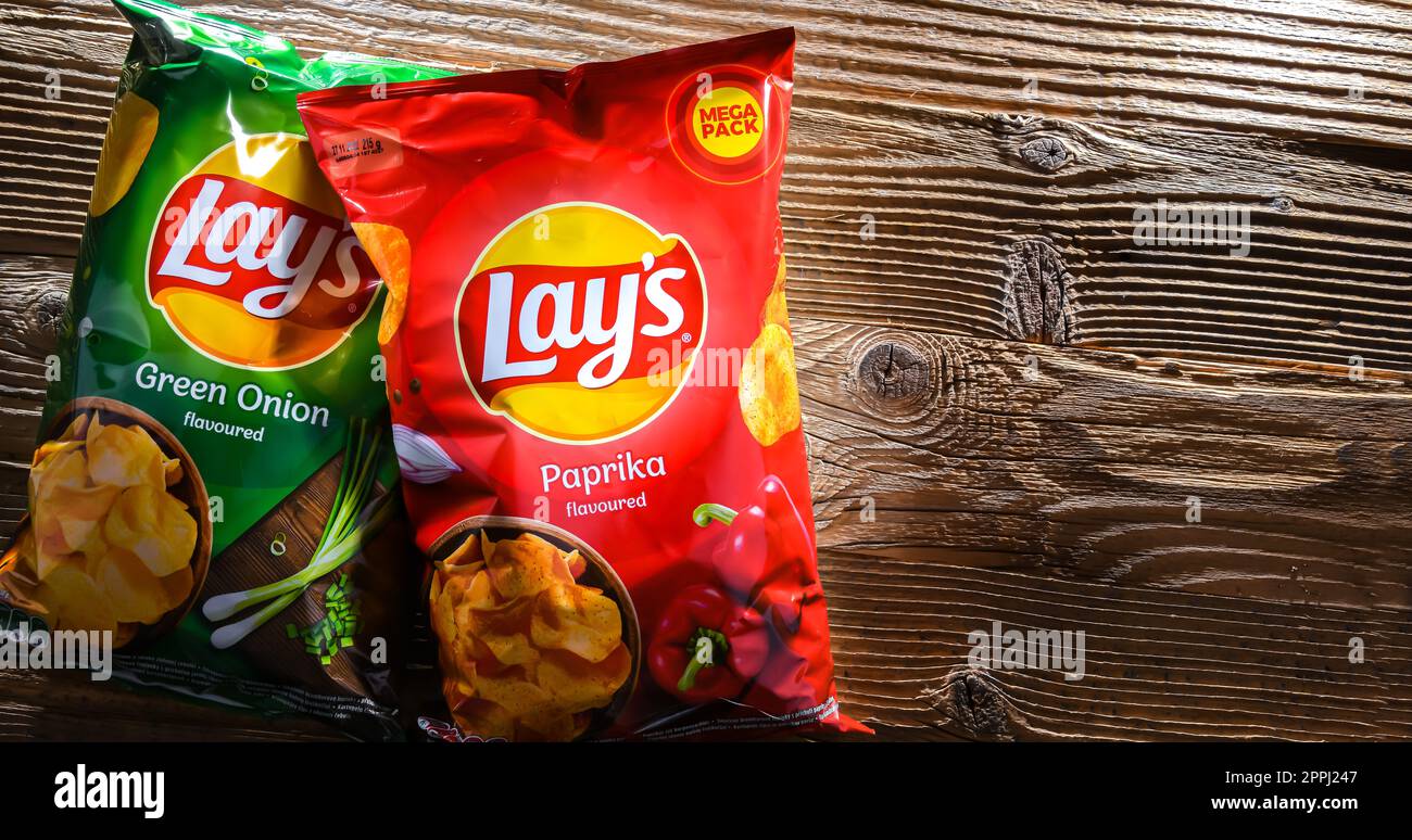 Composition with packets of Lays potato chips Stock Photo - Alamy