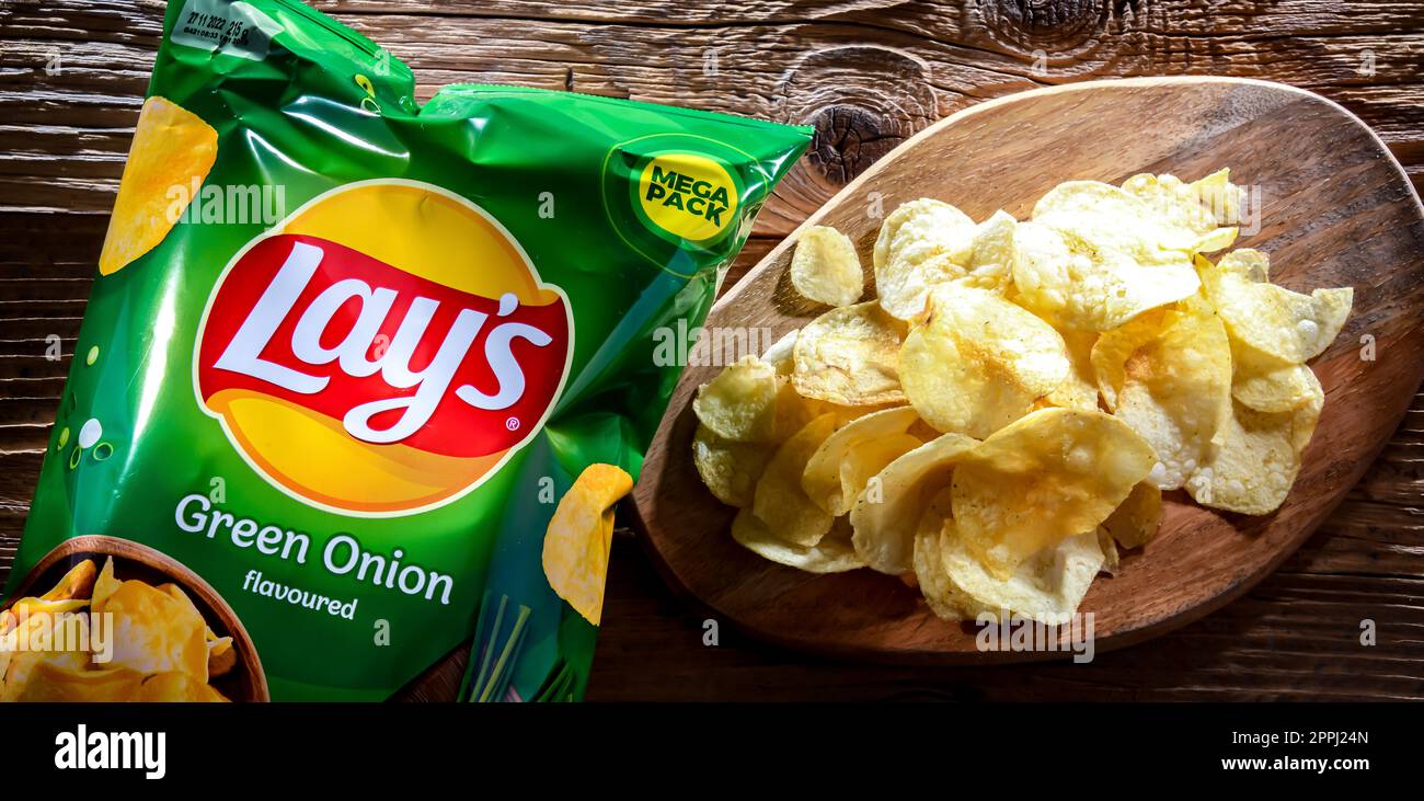 Composition with packets of Lays potato chips Stock Photo - Alamy
