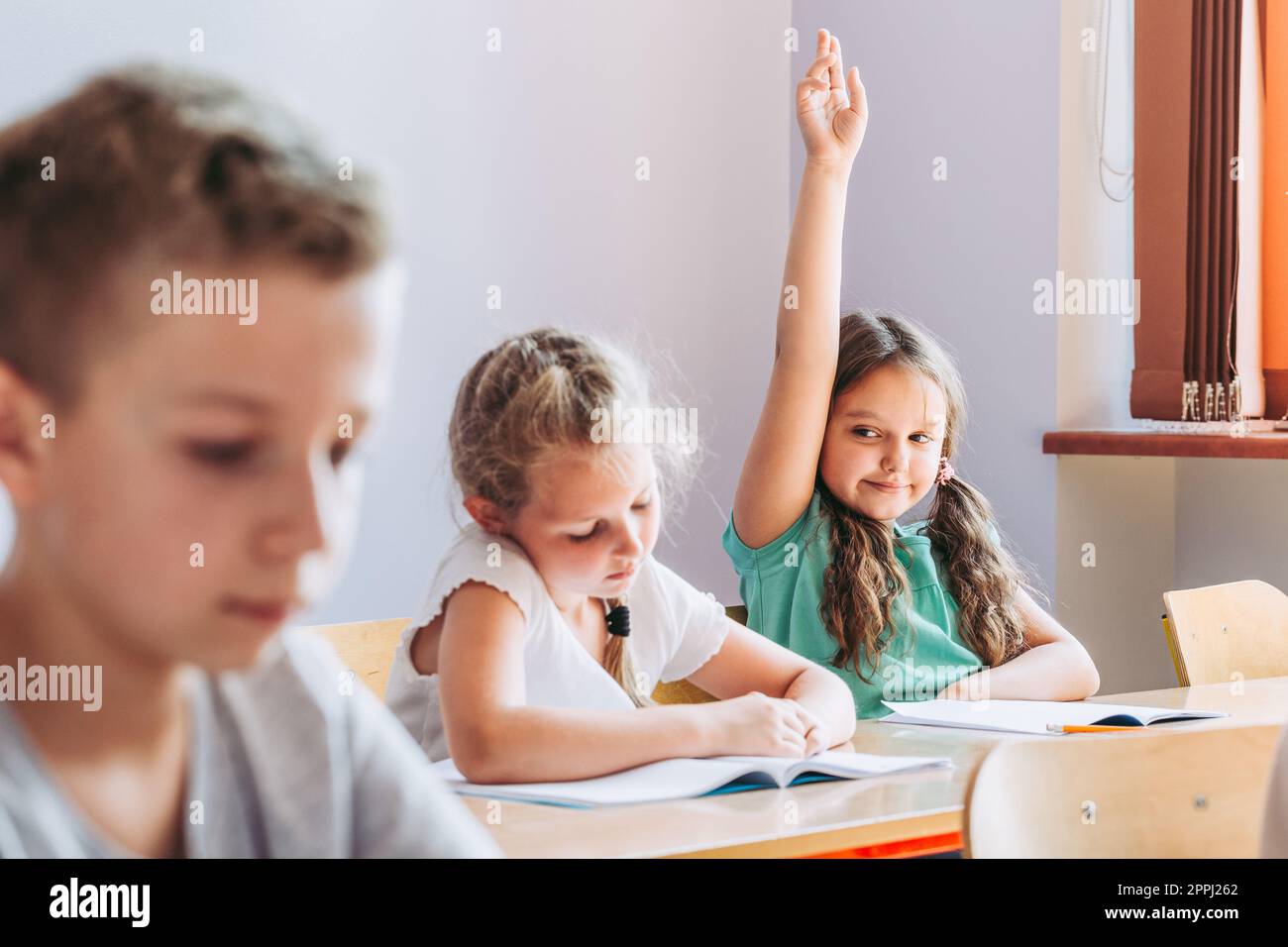 Young smart girl raising her hand during classes at school Stock Photo ...