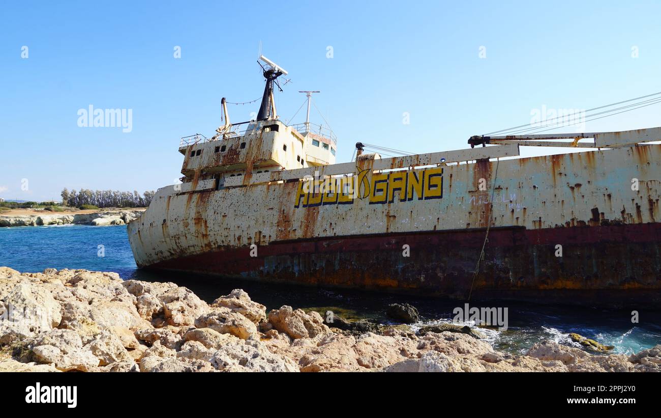 Abandoned Edro III Shipwreck at seashore of Peyia, near Paphos, Cyprus ...