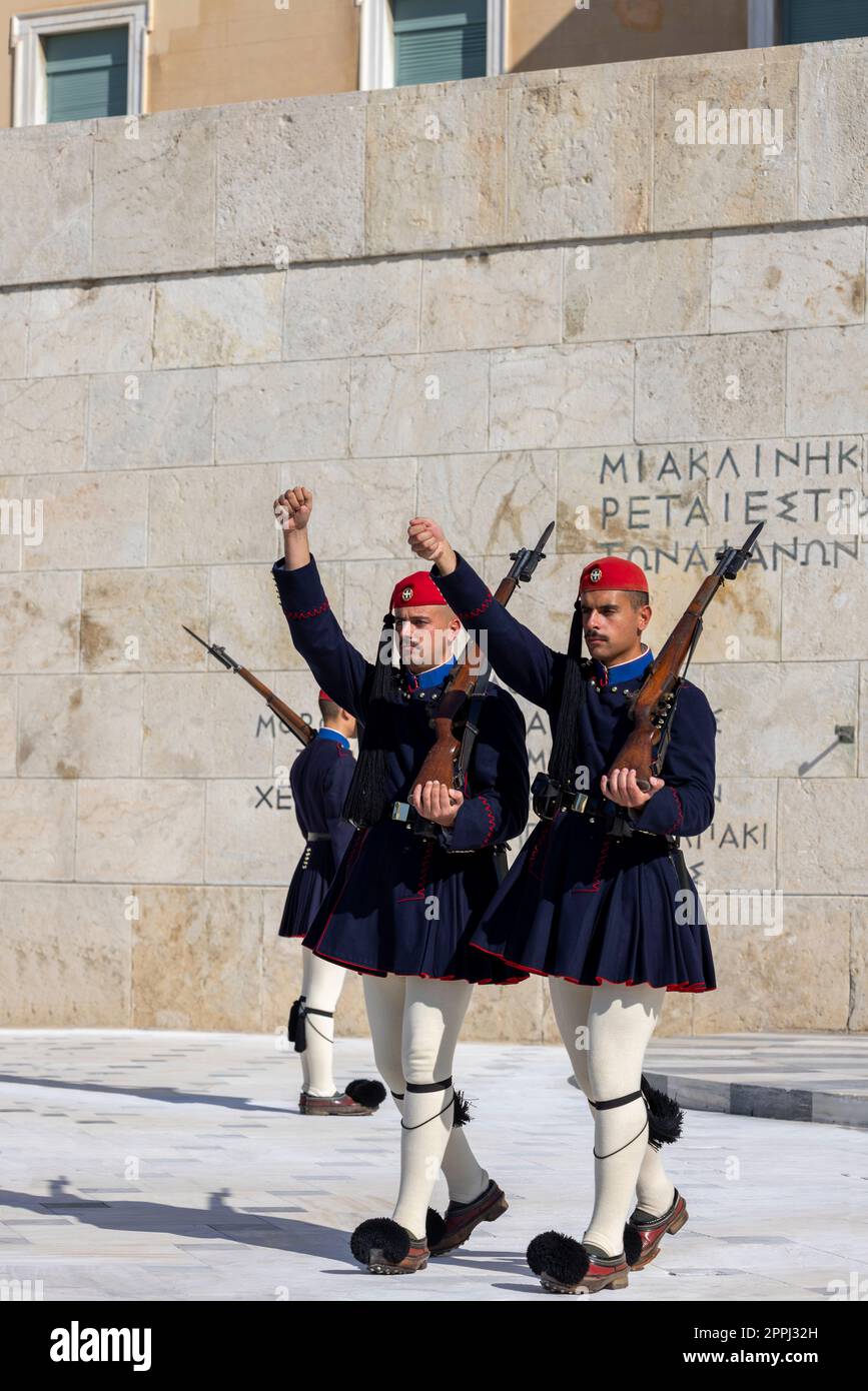 Changing of the Guard in front of Greek Parliament (Old Royal Palace) by Evzones, Athens, Greece ...
