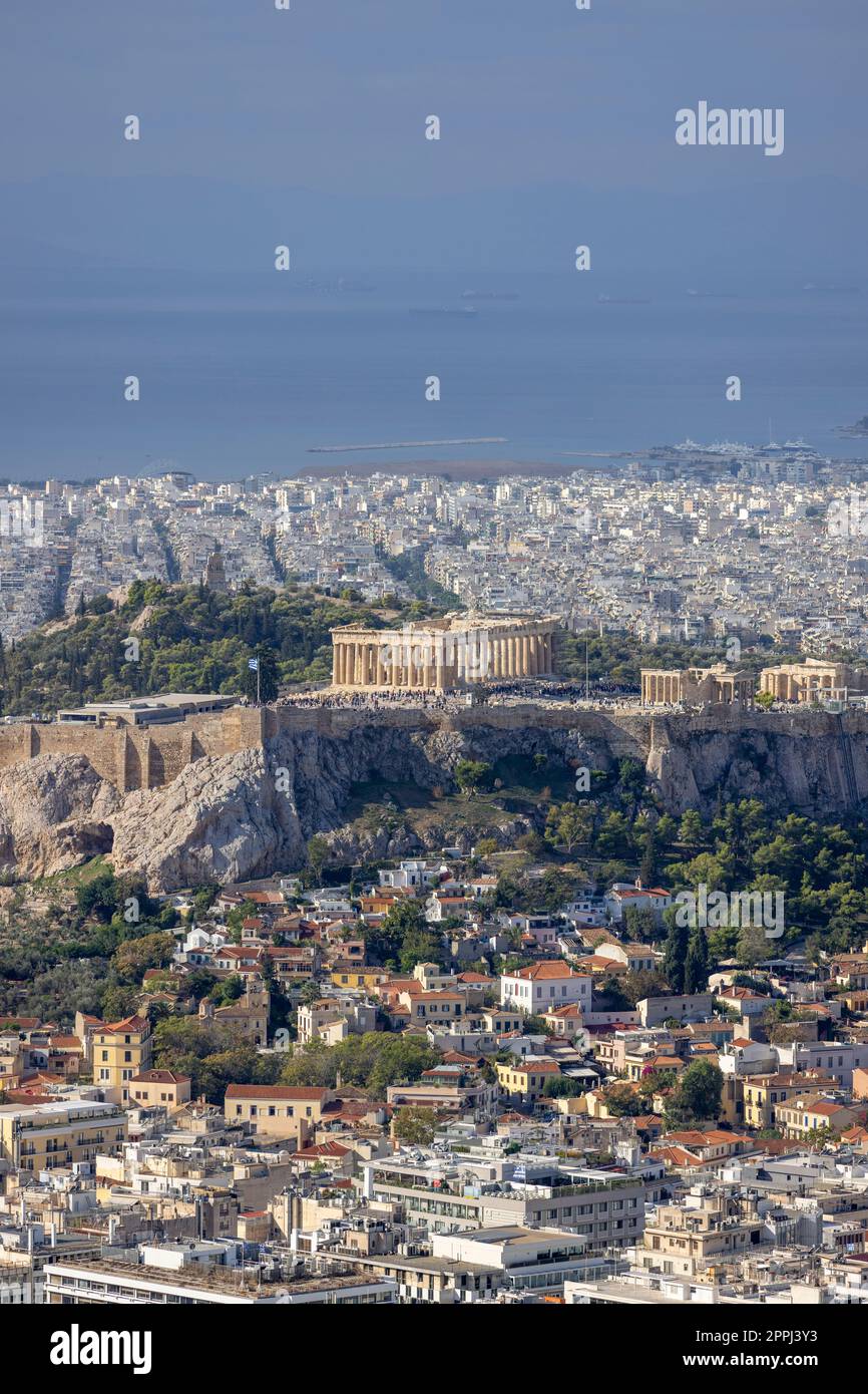 Aerial view of the city with hill of Acropolis of Athens from the Mount Lycabettus, Athens ...