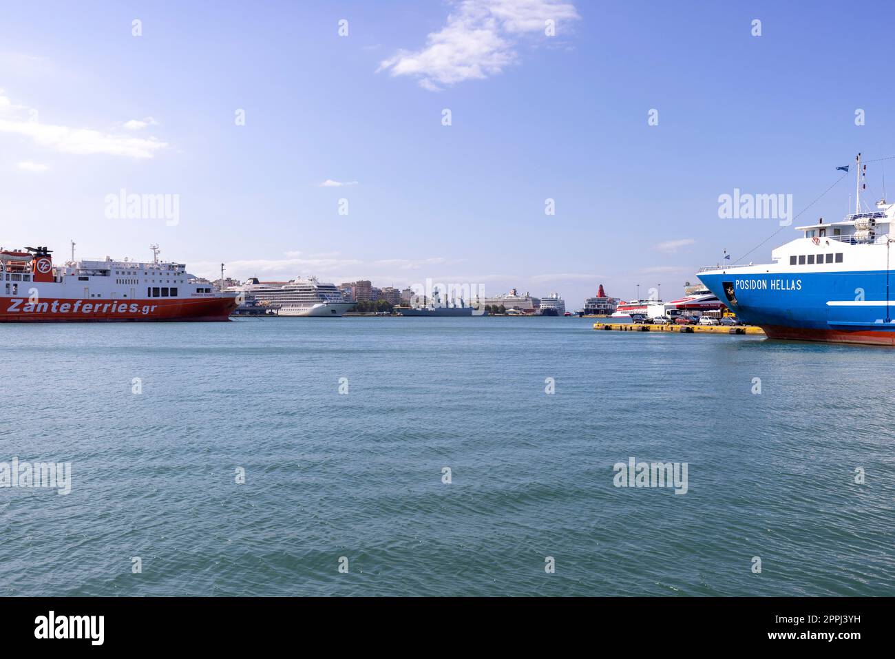 Main Harbor, great cruise ships moored at the quay, Athens, Piraeus ...