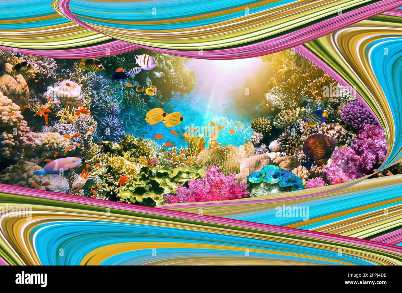 Colorful coral reef with many fishes. Art design of Caribbean Sea ...