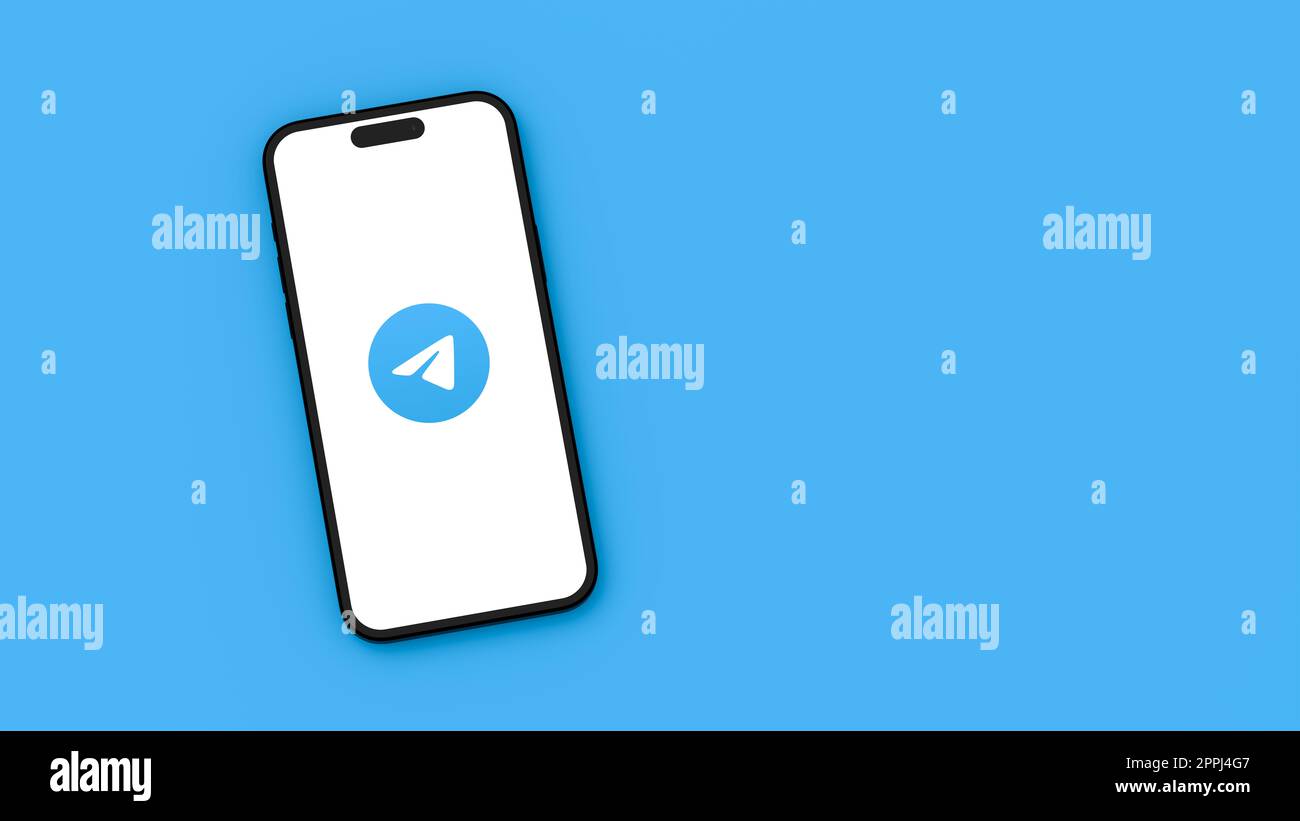 Telegram Logo on Mobile Phone Screen on Blue Background with Copy Space ...