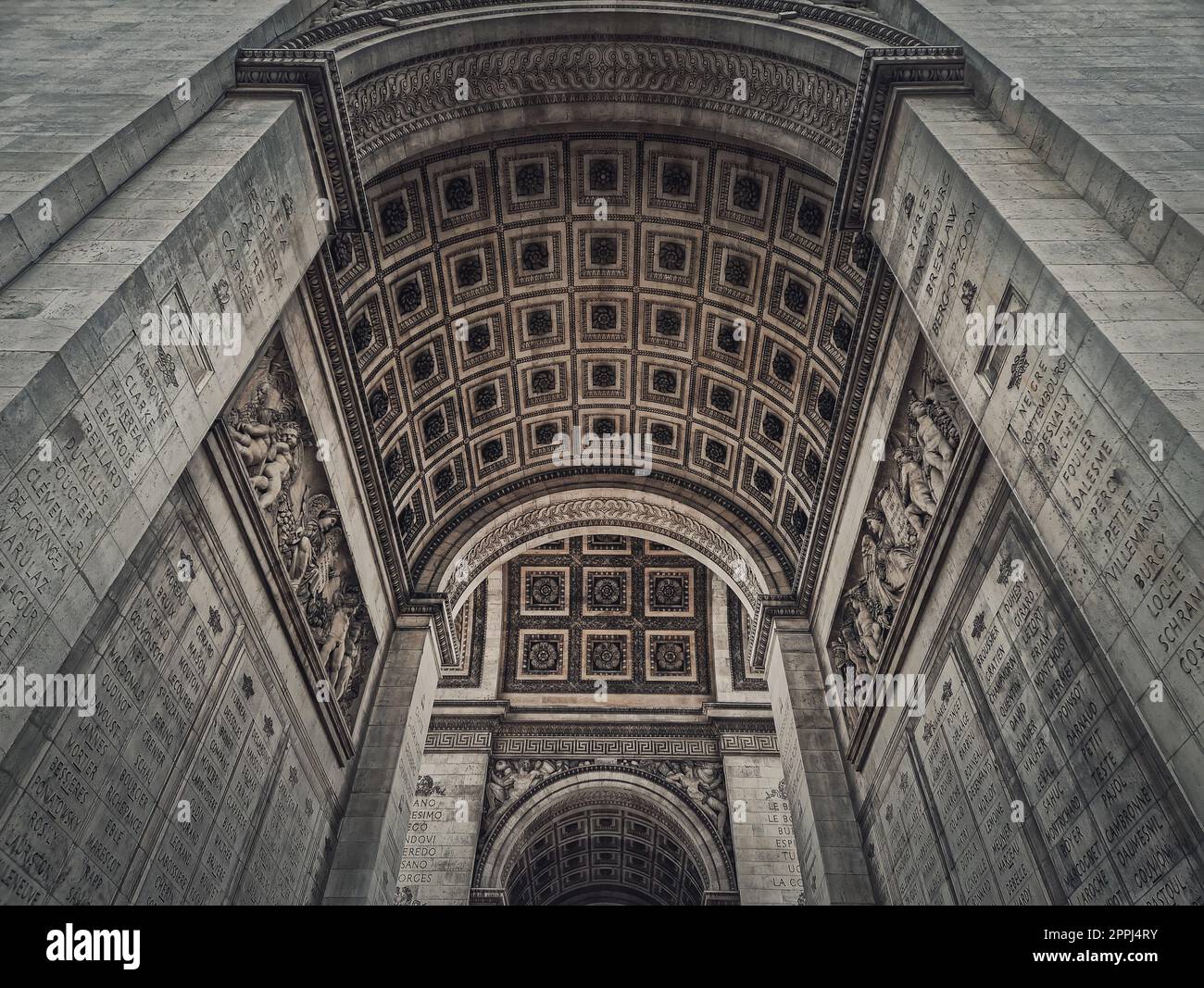 View underneath triumphal Arch, in Paris, France. Architectural details ...