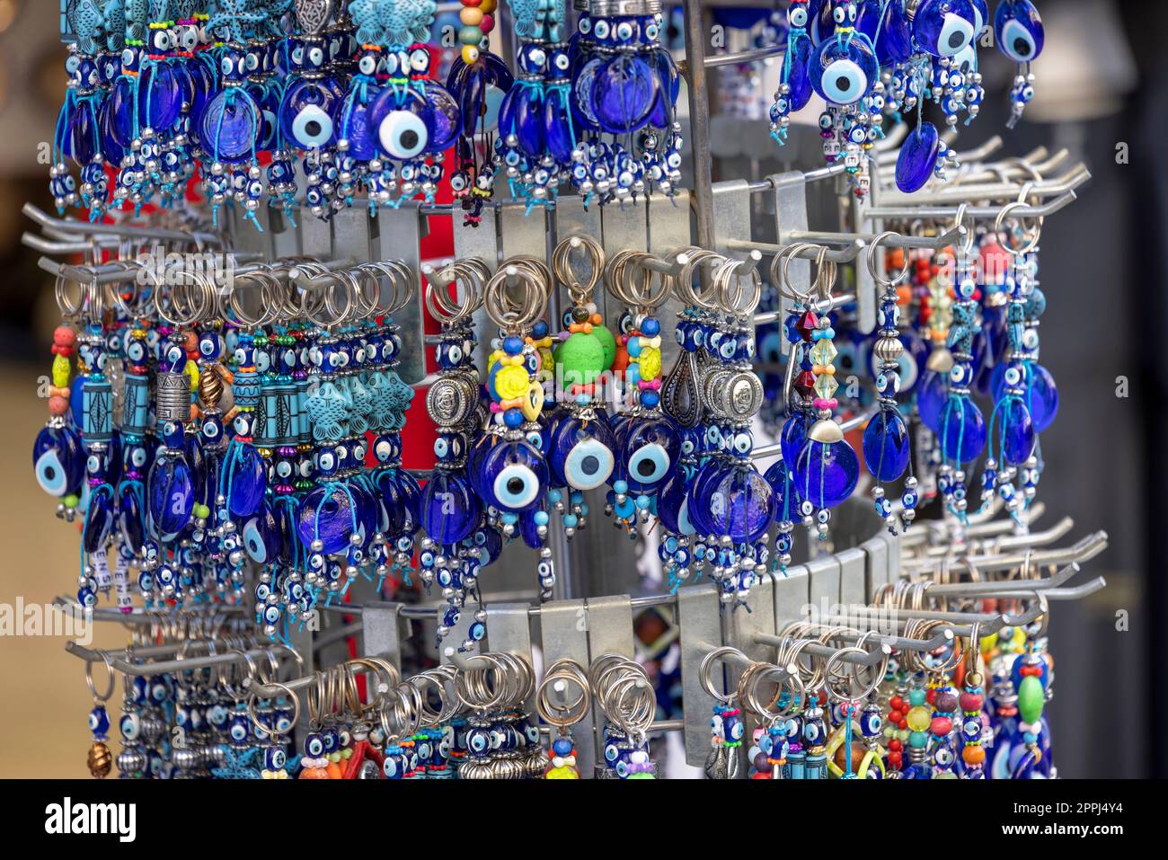 Typical souvenir shop on a street in district of Plaka, key rings with ...