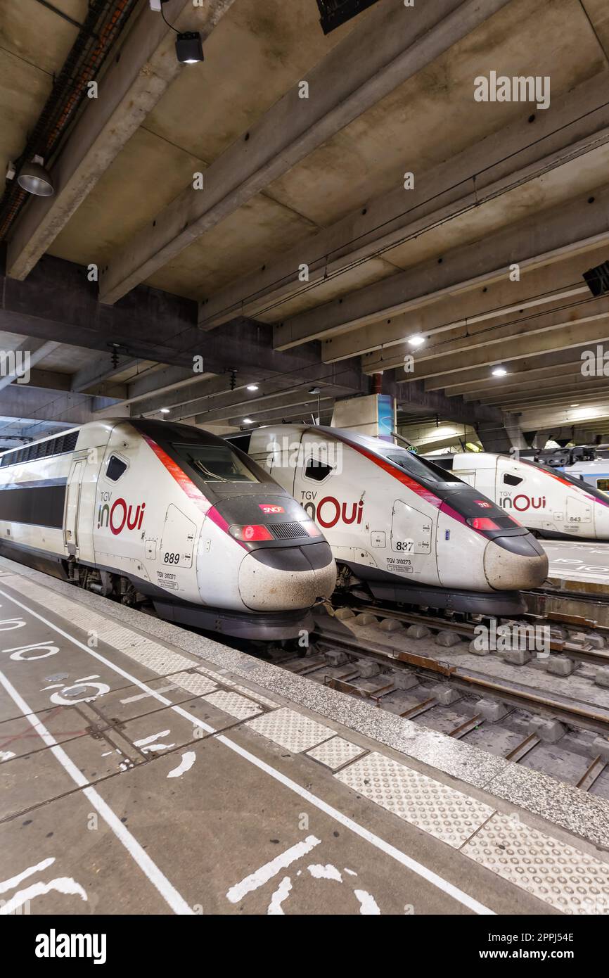 TGV Duplex high-speed trains of SNCF at Gare Paris Montparnasse railway station portrait format ...