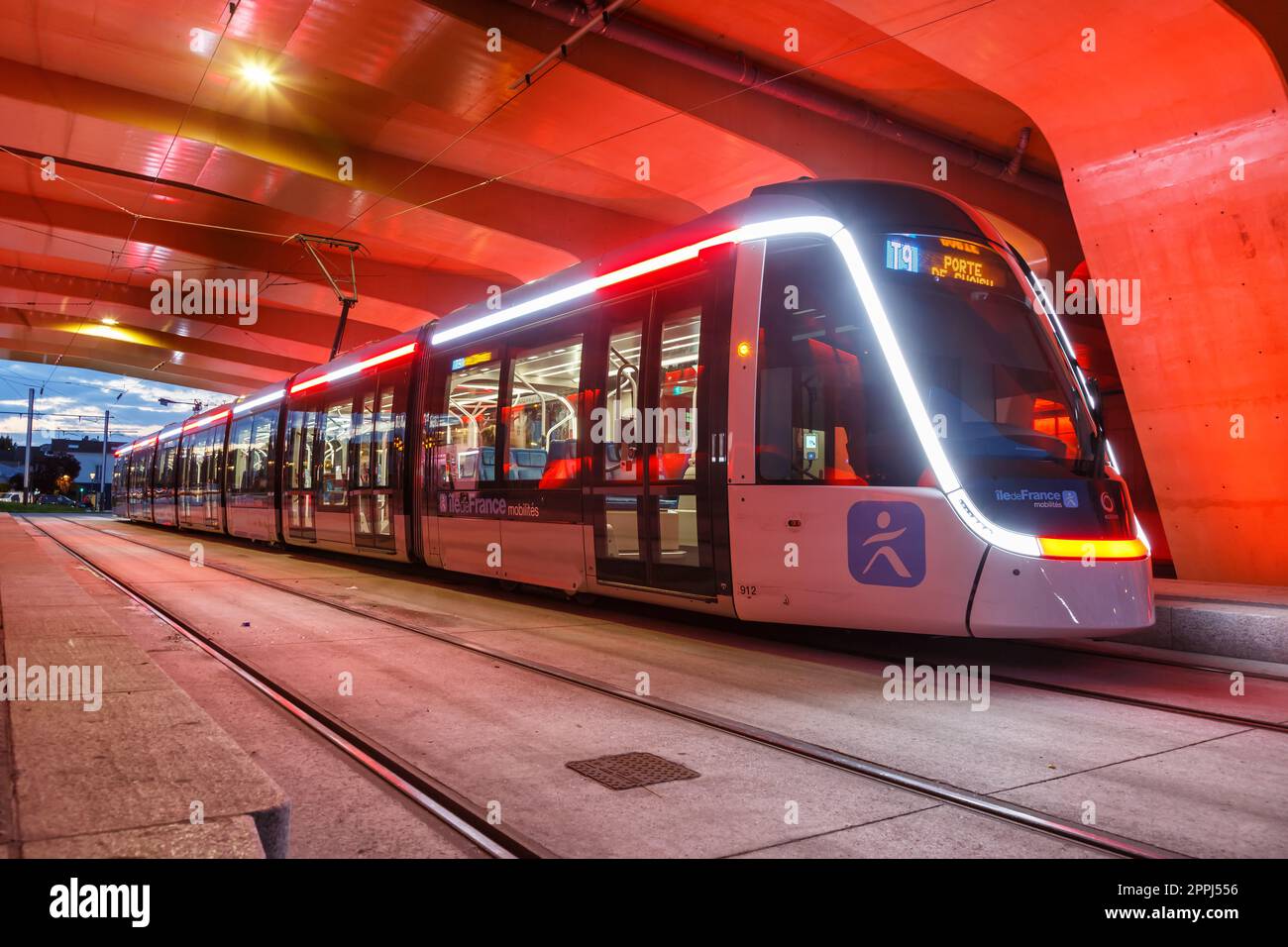 Modern Alstom Citadis X05 light rail tram on line T9 at Trois Communes ...
