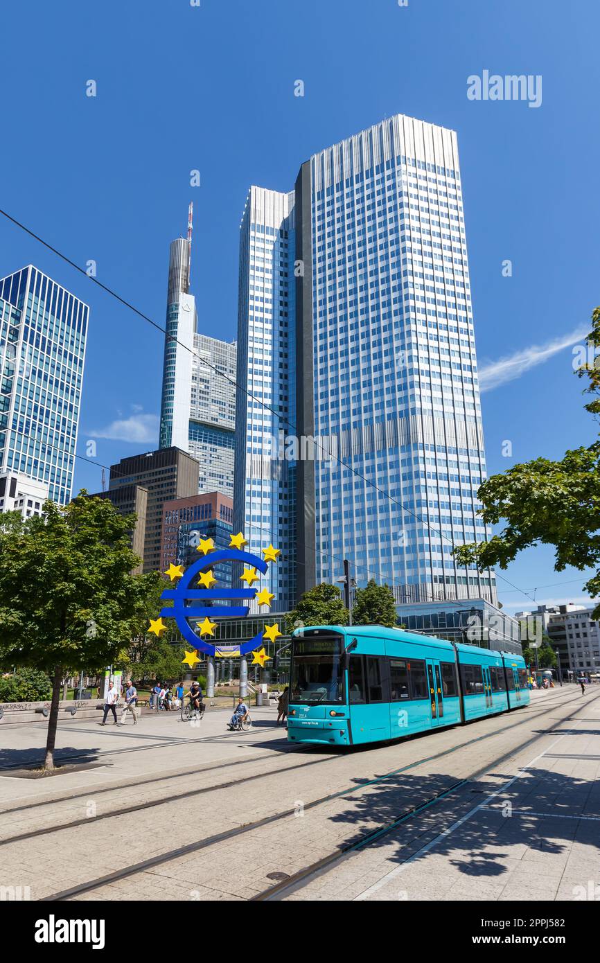 Frankfurt skyline with light rail tram at Willy-Brandt-Platz square ...
