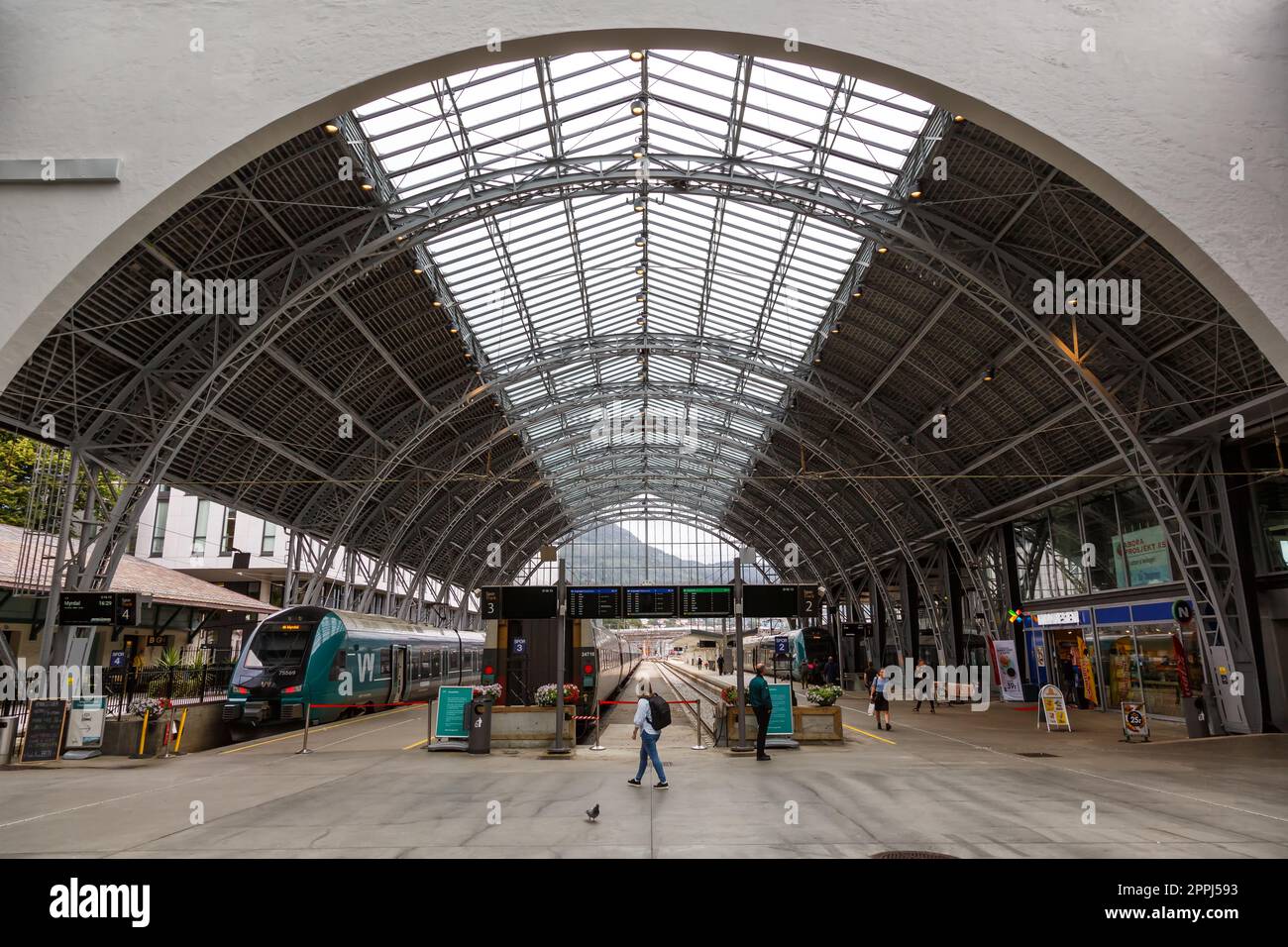 Railway station of the Bergen Line with trains in Bergen, Norway Stock ...
