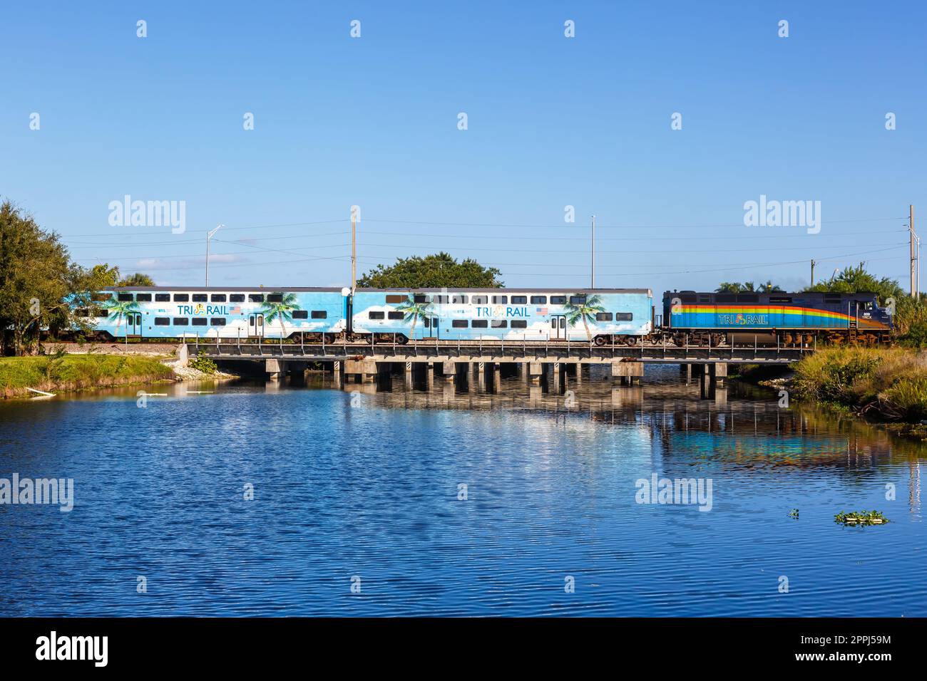 Tri-Rail commuter rail train in Delray Beach in Florida, United States ...