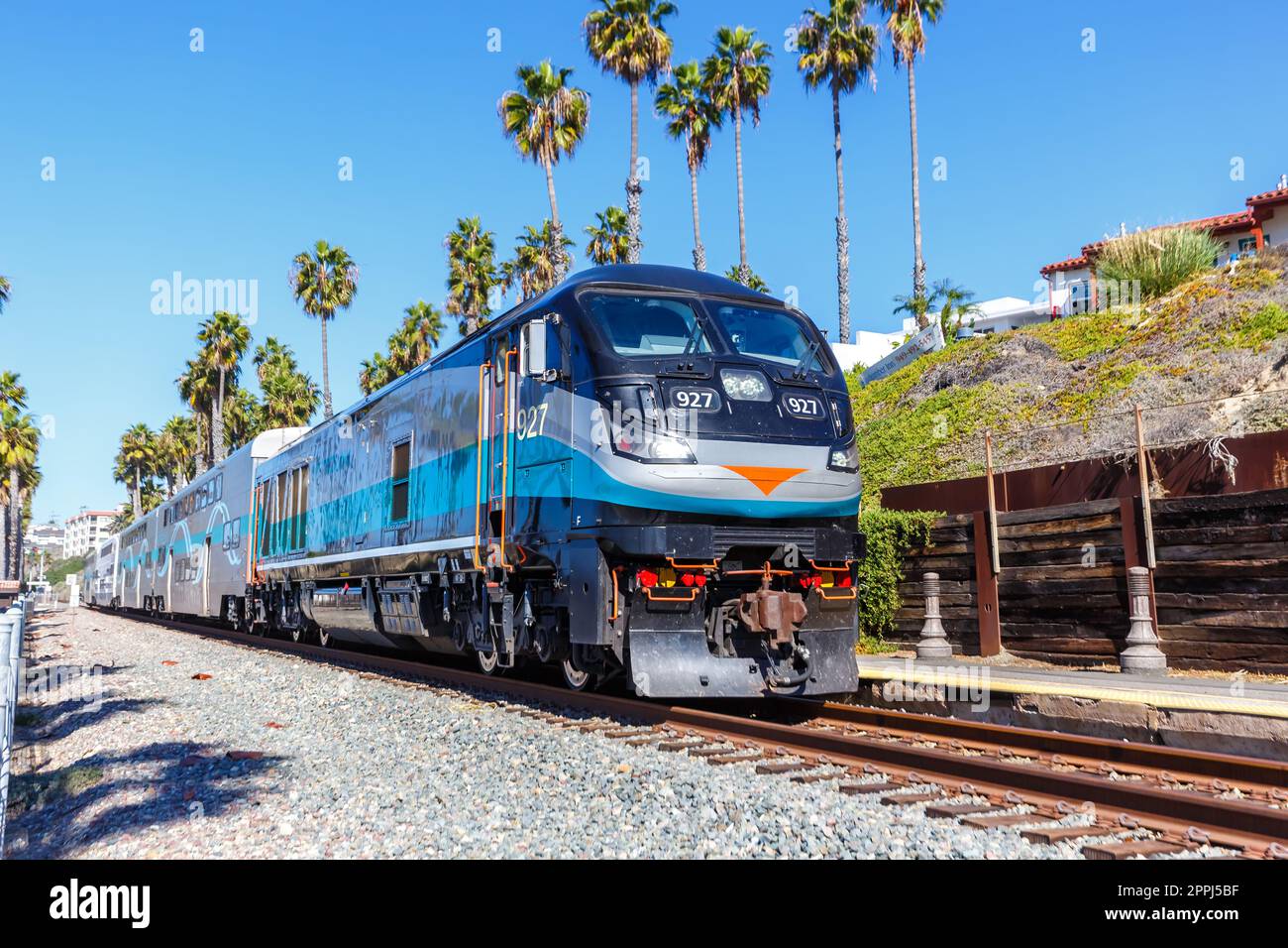 Metrolink commuter rail train in Oceanside, United States Stock Photo ...