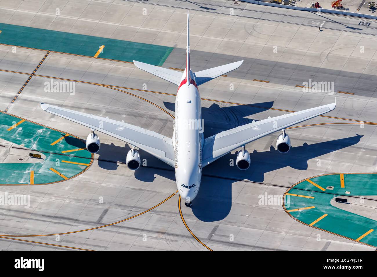 Emirates Airbus A380-800 airplane at Los Angeles airport in the United ...