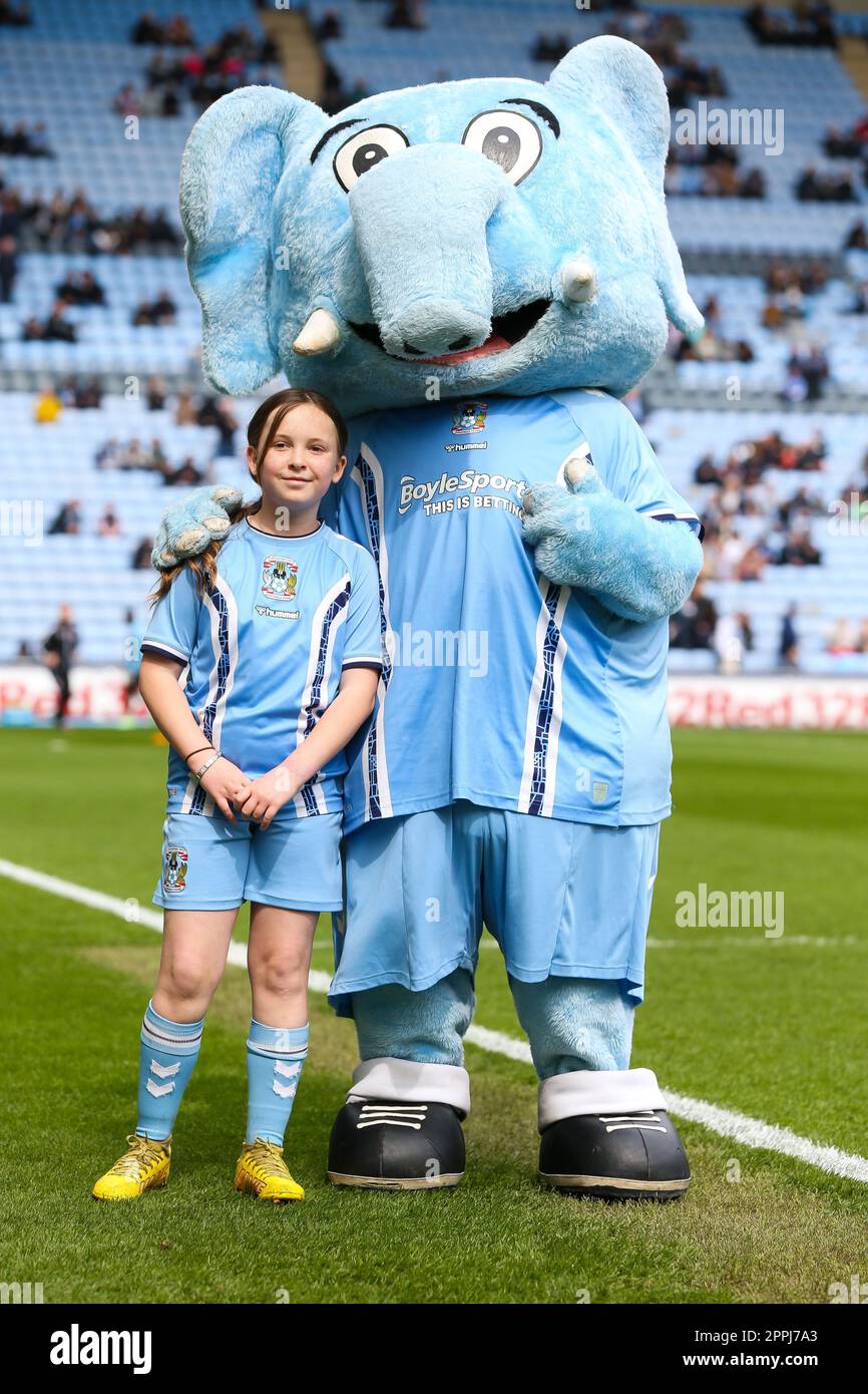 Coventry City match day mascots pose with Sky Blue Sam during the Sky ...