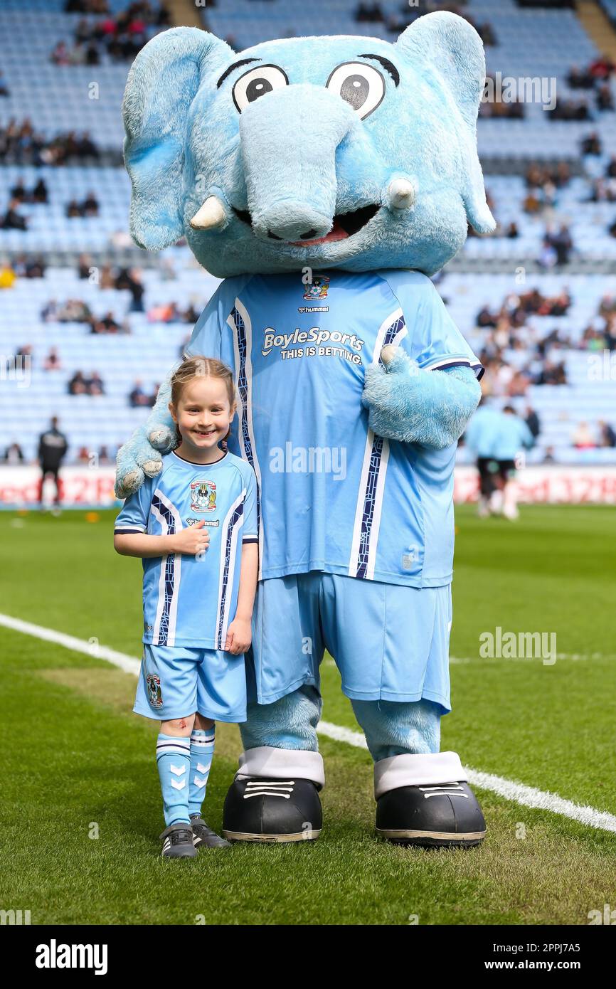 Coventry City match day mascots pose with Sky Blue Sam during the Sky ...