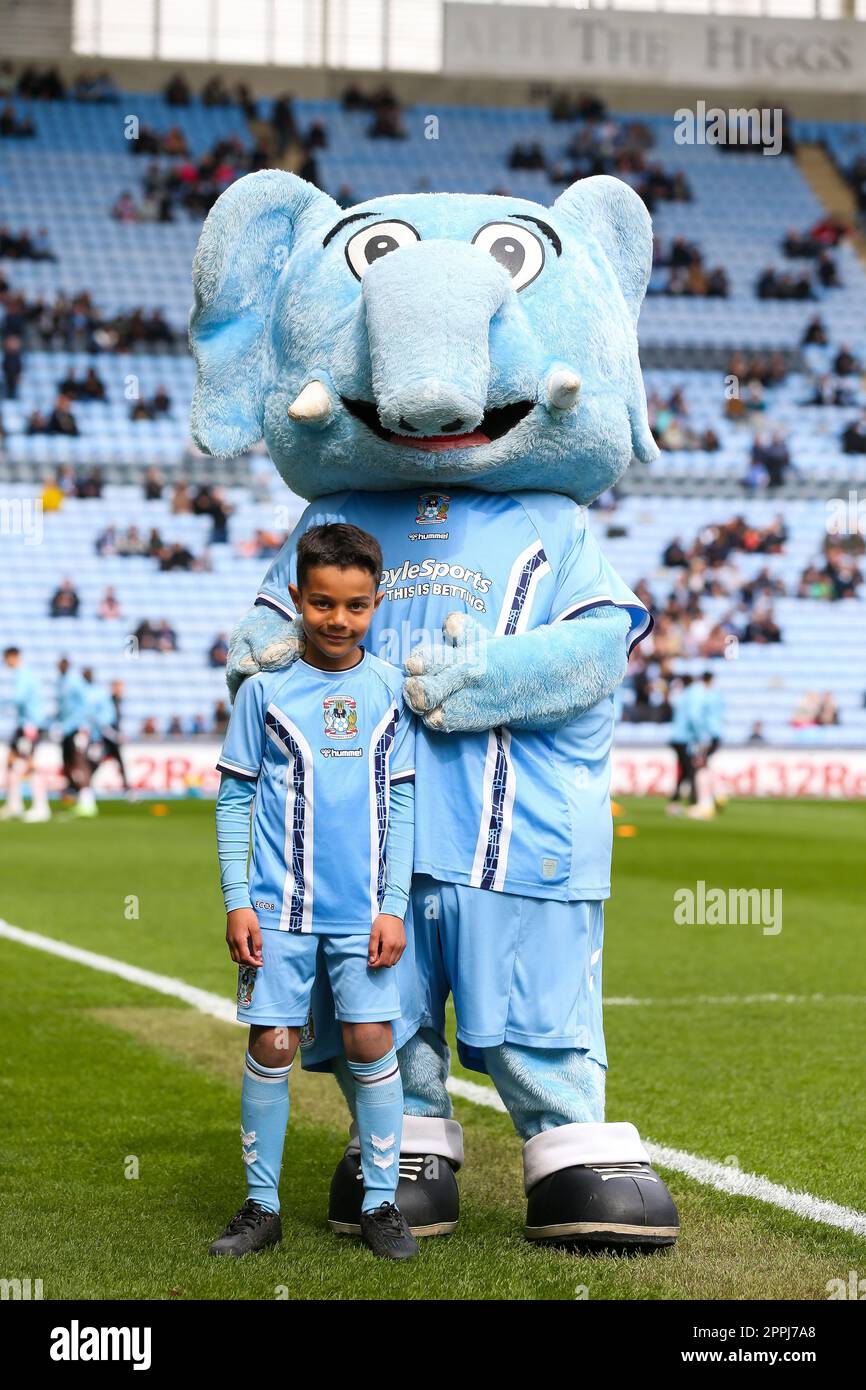 Coventry City match day mascots pose with Sky Blue Sam during the Sky ...