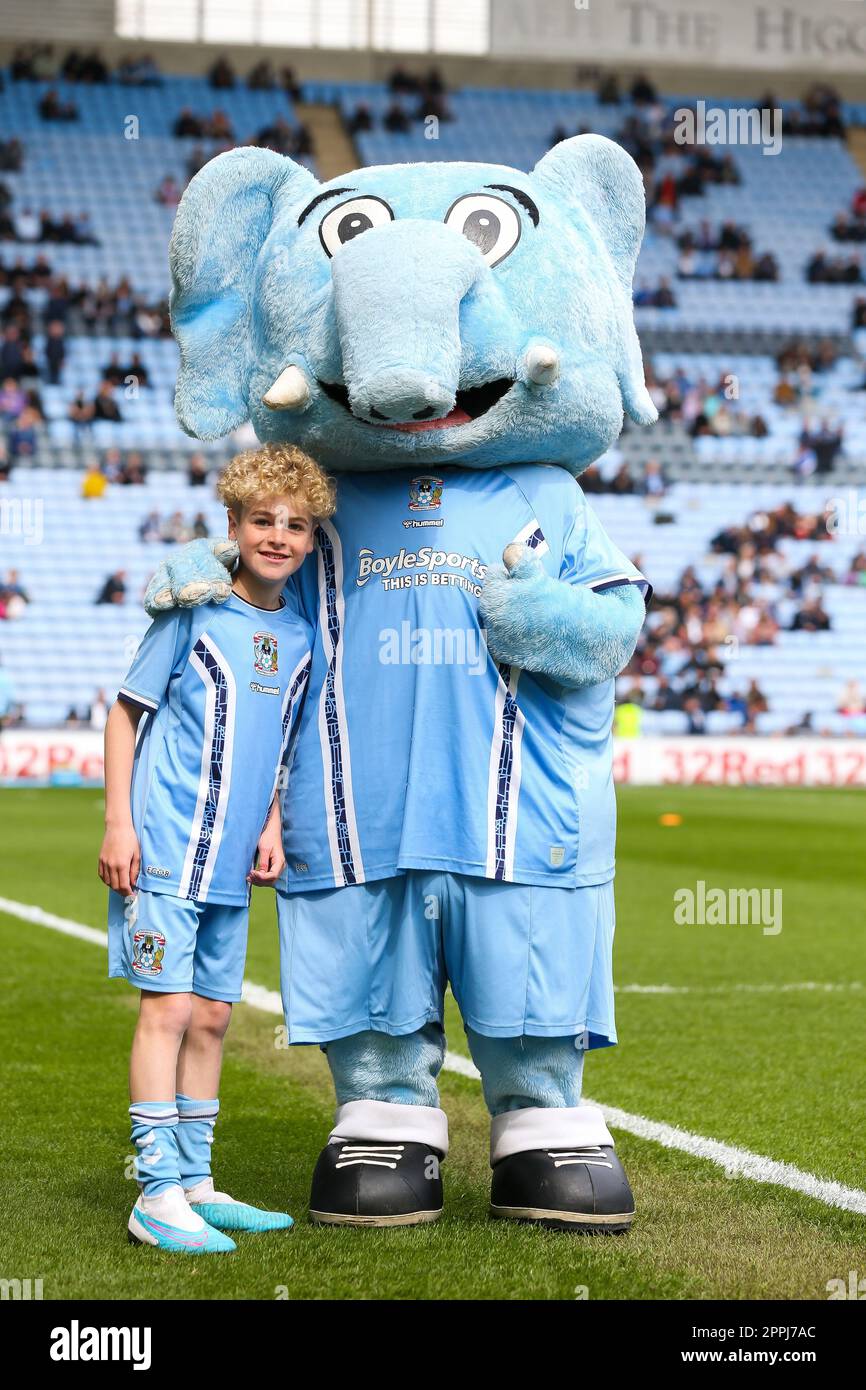 Coventry City match day mascots pose with Sky Blue Sam during the Sky ...