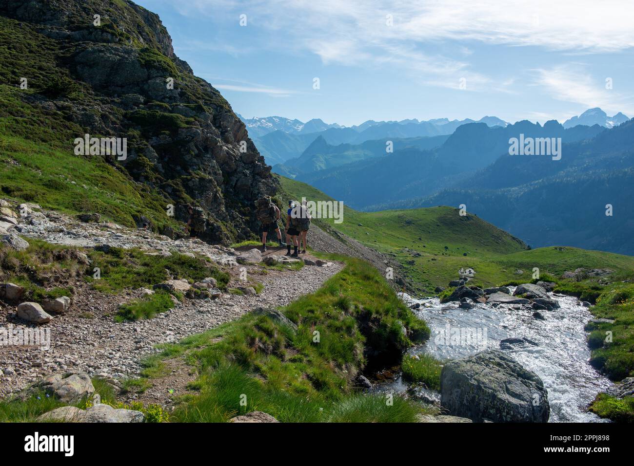 hikers in path of Pic du Midi Ossau in French Pyrenees mountains Stock ...