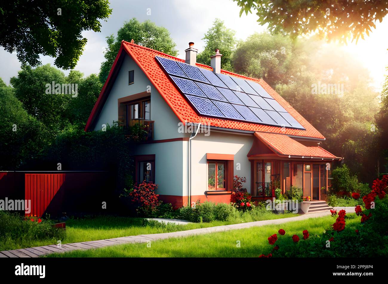 House with solar roof in the garden during sunset Stock Photo - Alamy