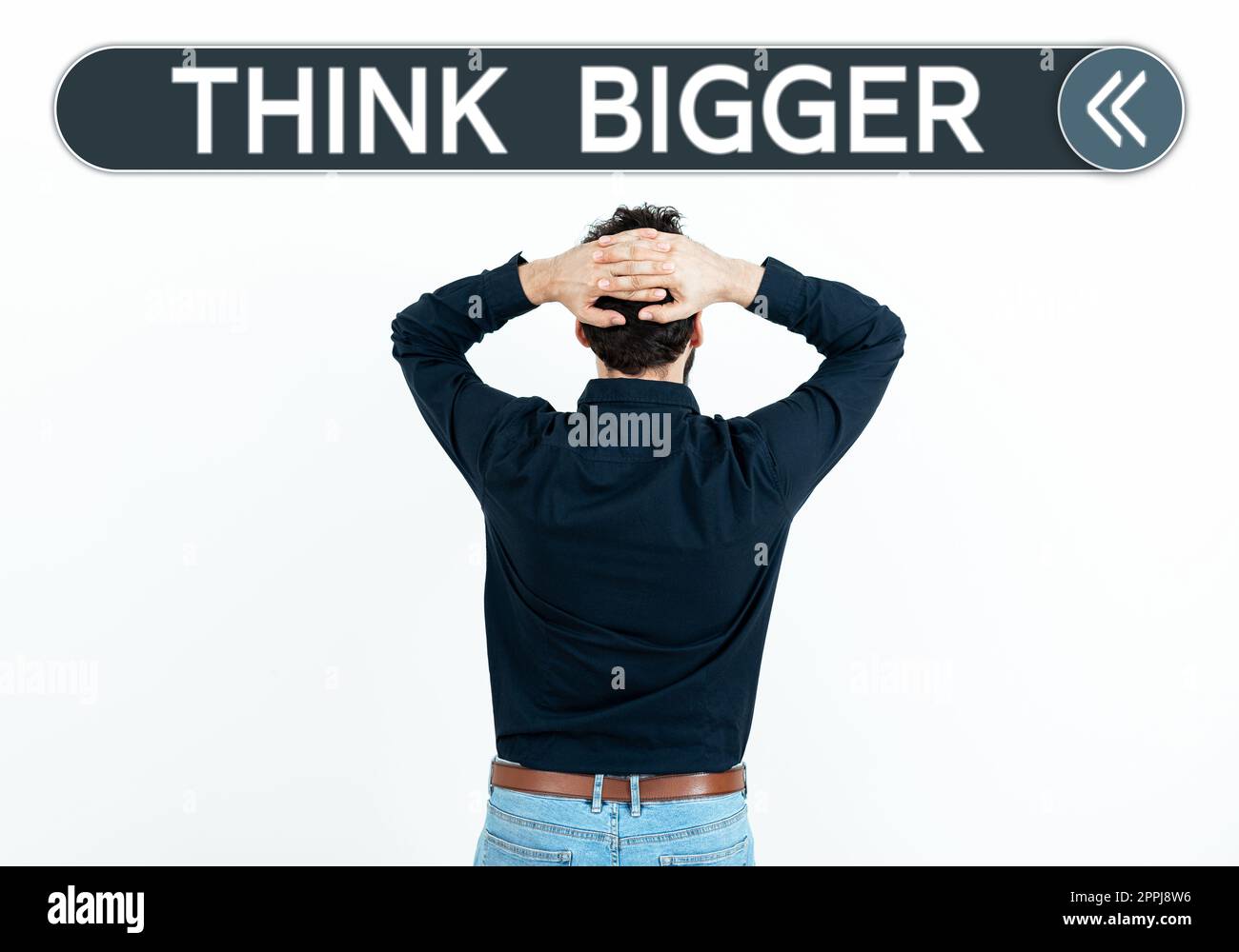 Hand writing sign Think Bigger. Business overview being able to dream ...