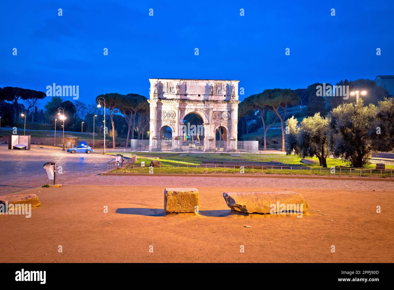 Arch of Constantine square in Rome evening illuminated view Stock Photo ...