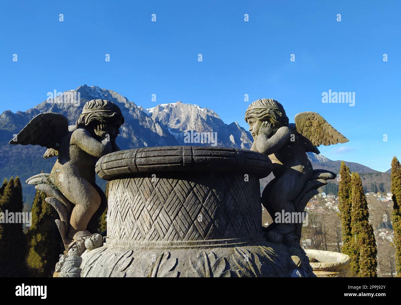 Sunny winter landscape with Bucegi mountains and Busteni ski resort in ...