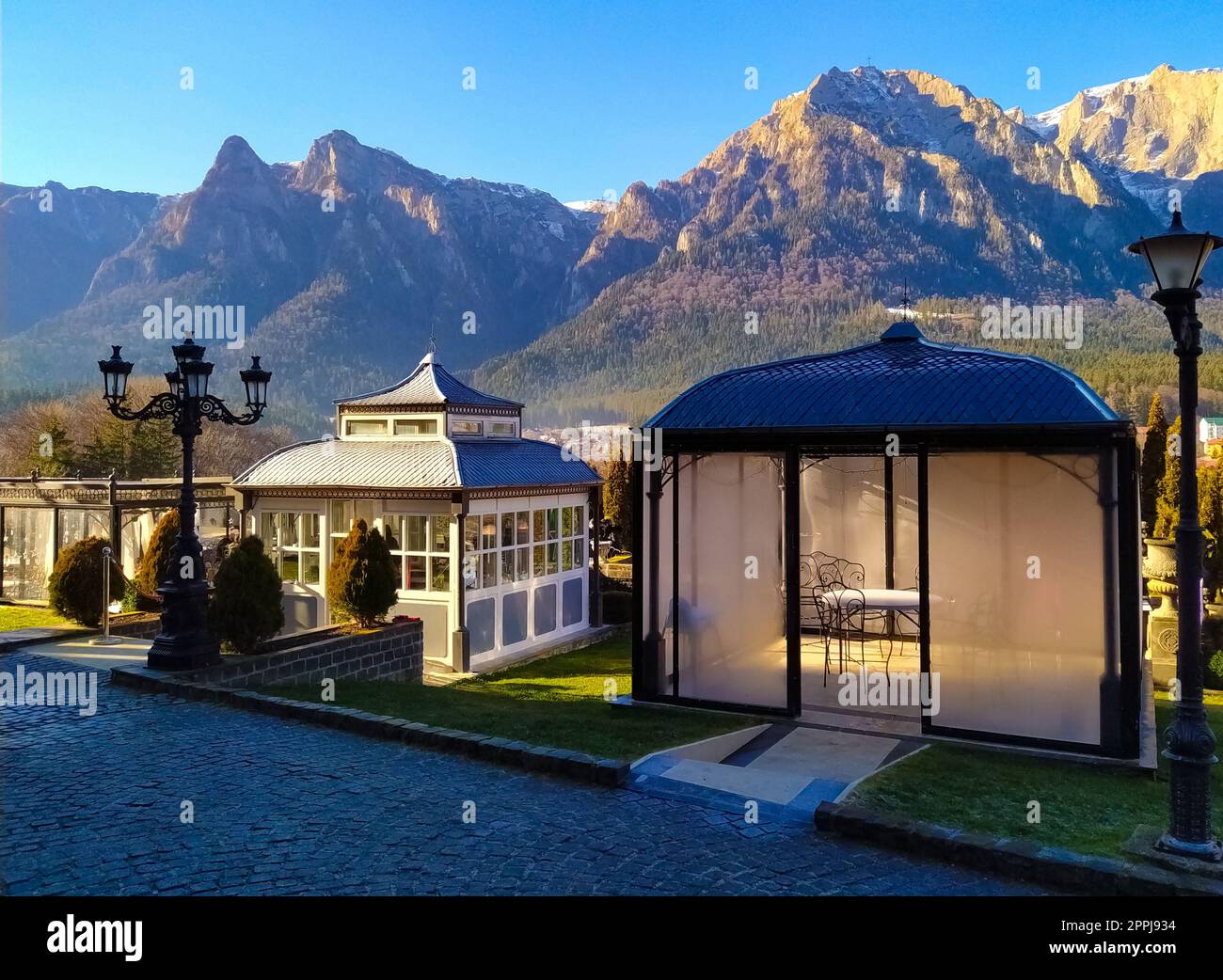 Sunny winter landscape with Bucegi mountains and Busteni ski resort in ...