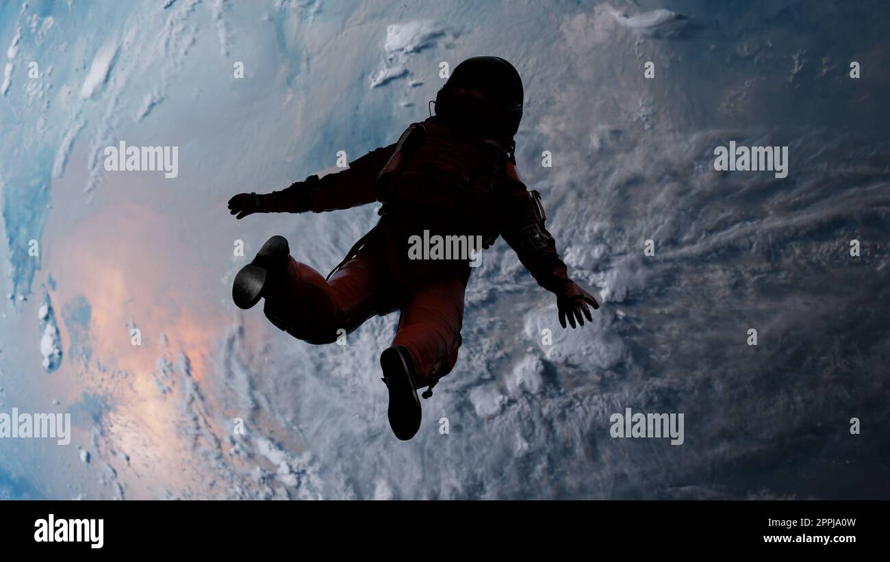 Astronaut flight, falling to planet. Discovery new universe, loneliness ...