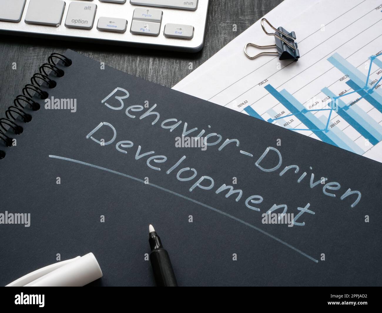 Desk with notepad and marks about behavior driven development BDD Stock ...