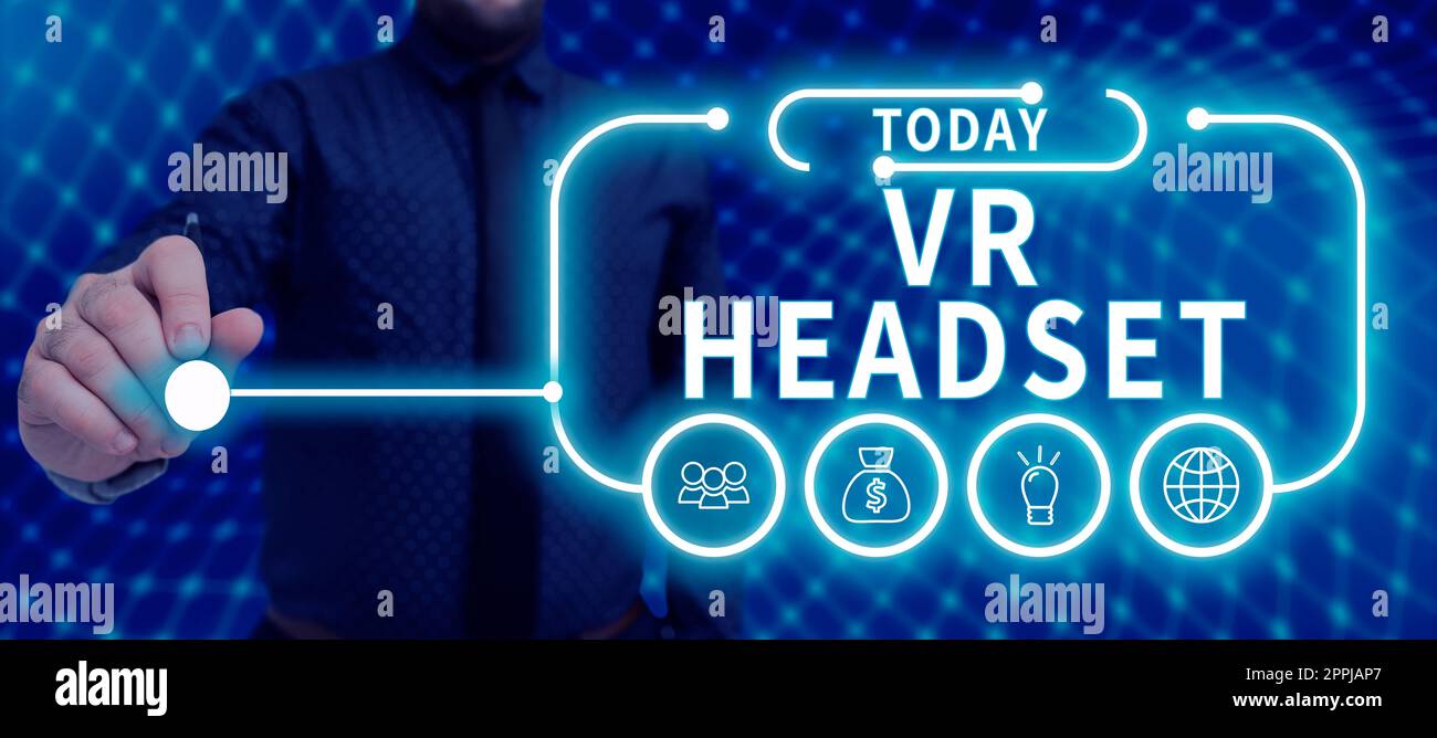 Text caption presenting Vr Headset. Business overview head-mounted ...