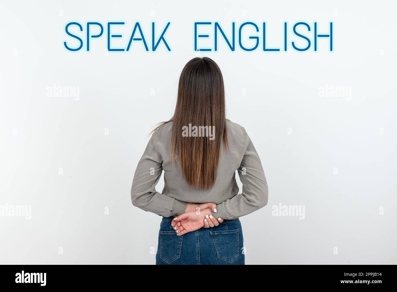 We speak english here sign hi-res stock photography and images - Alamy