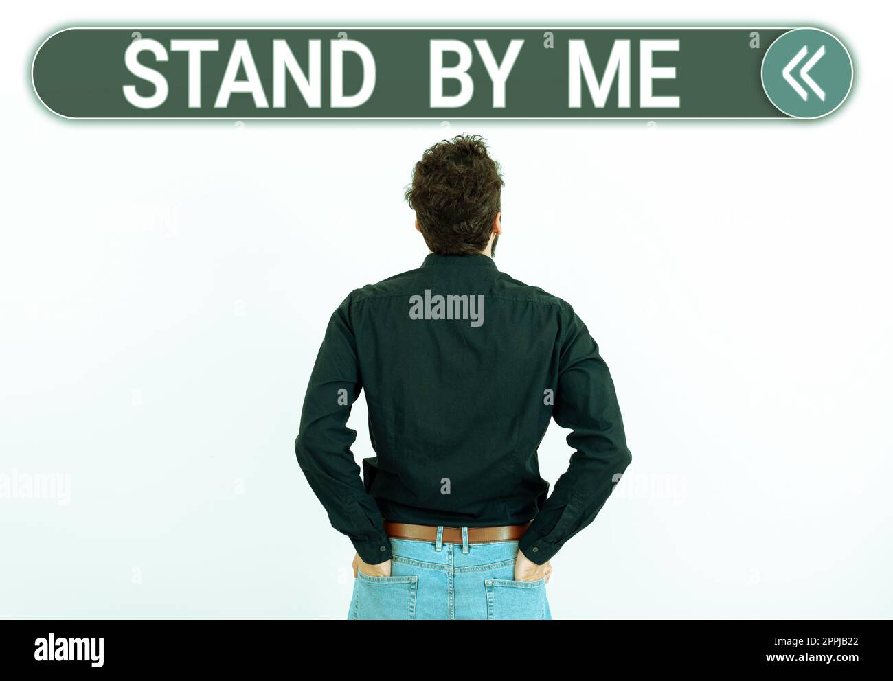 Hand writing sign Stand By Me. Word Written on Be always around myself ...