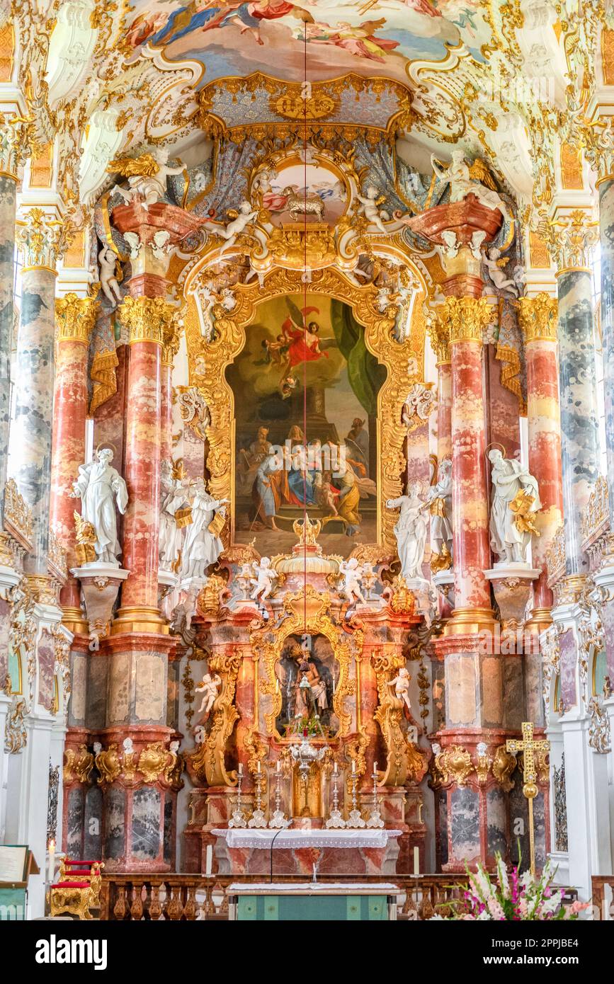 Magnificently designed altar in rococo style of Wies church in Bavaria ...