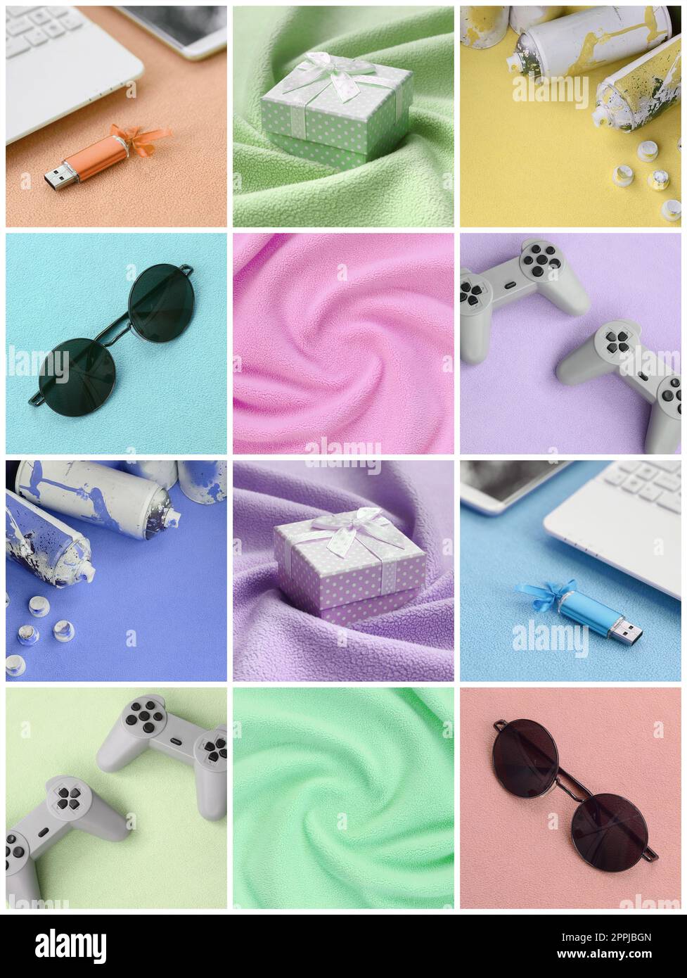 A set of pictures with fashionable youth objects on a soft fleece ...