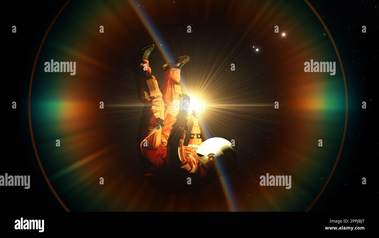 Astronaut flight, falling to planet. Discovery new universe, loneliness ...