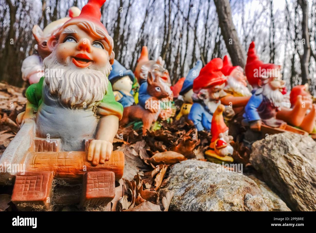colorful garden gnomes with wood and saw at a place in the forest Stock ...