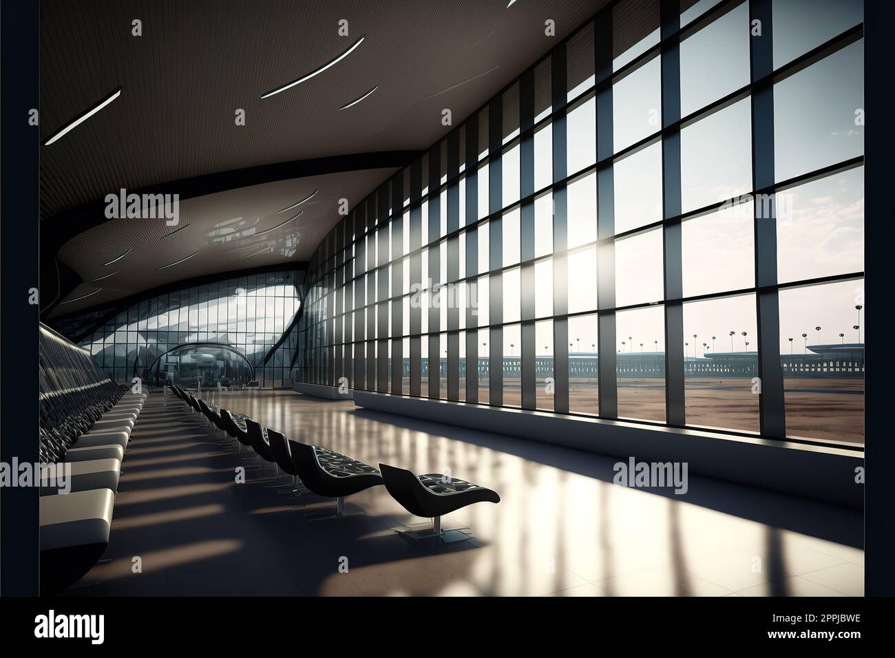 modern airport terminal with black leather seats and a huge viewing ...