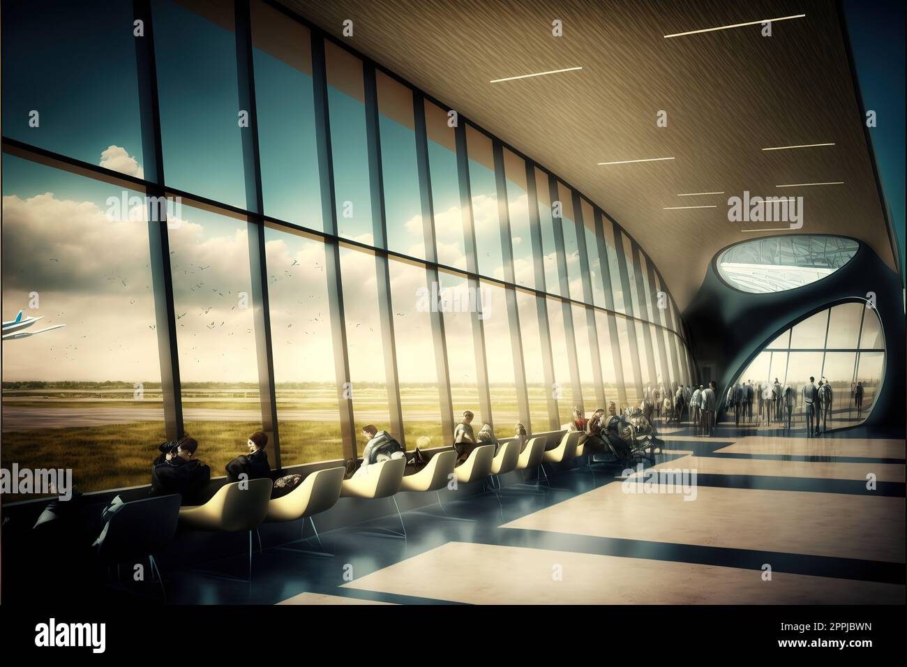 modern airport terminal with black leather seats and a huge viewing ...